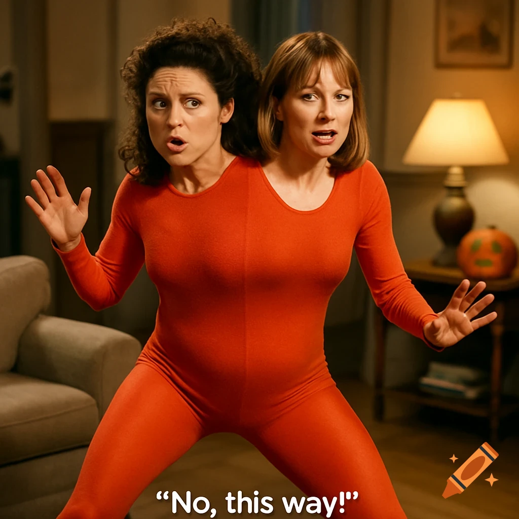 Two women in a bright orange leotard portray a two-headed person ...