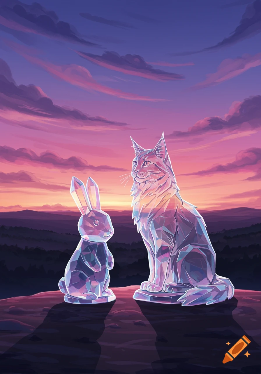 Two crystal statues, a bunny and a cat, on a hilltop at sunset with a ...