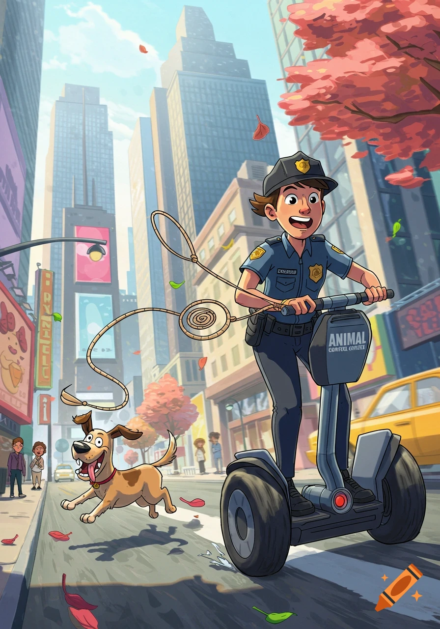 A cartoon animal control officer on a Segway chases a happy dog with a ...