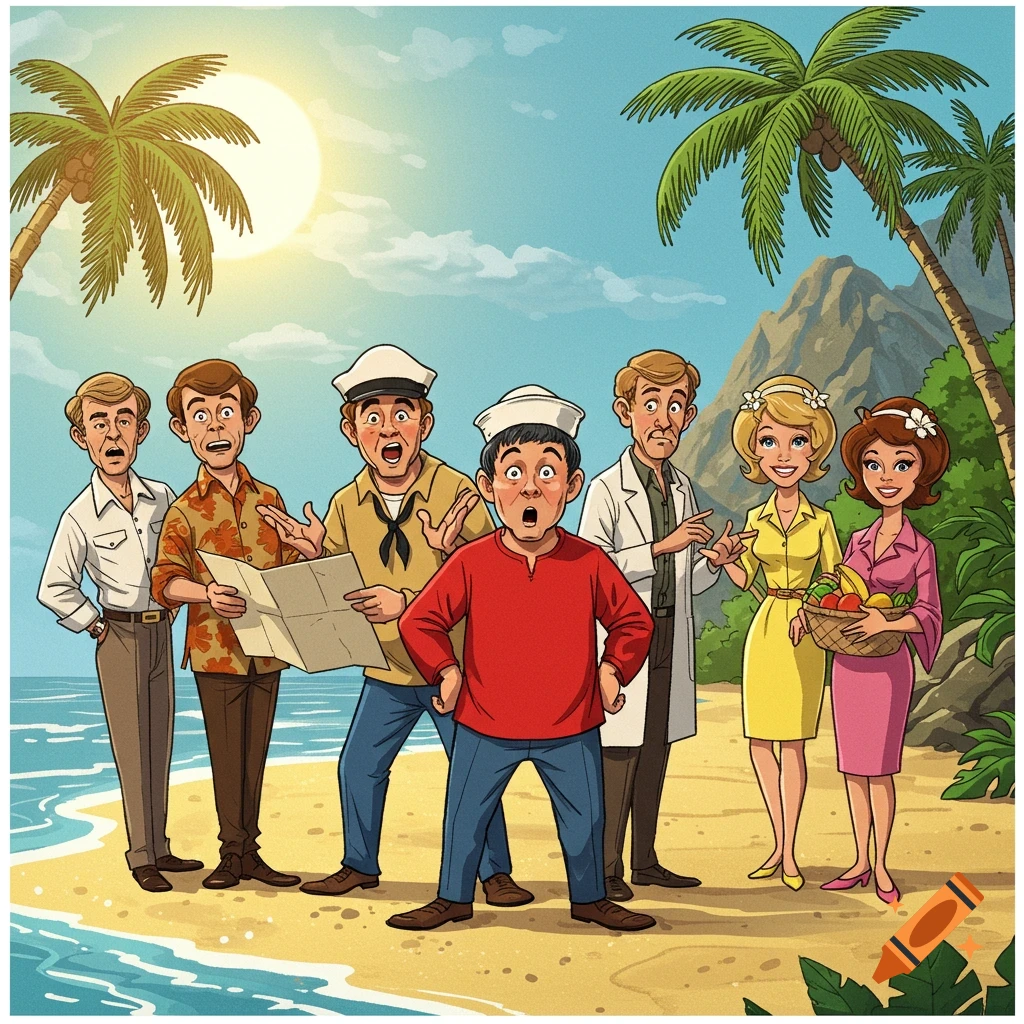 Cartoon of Gilligan's Island cast on a tropical beach with surprised ...