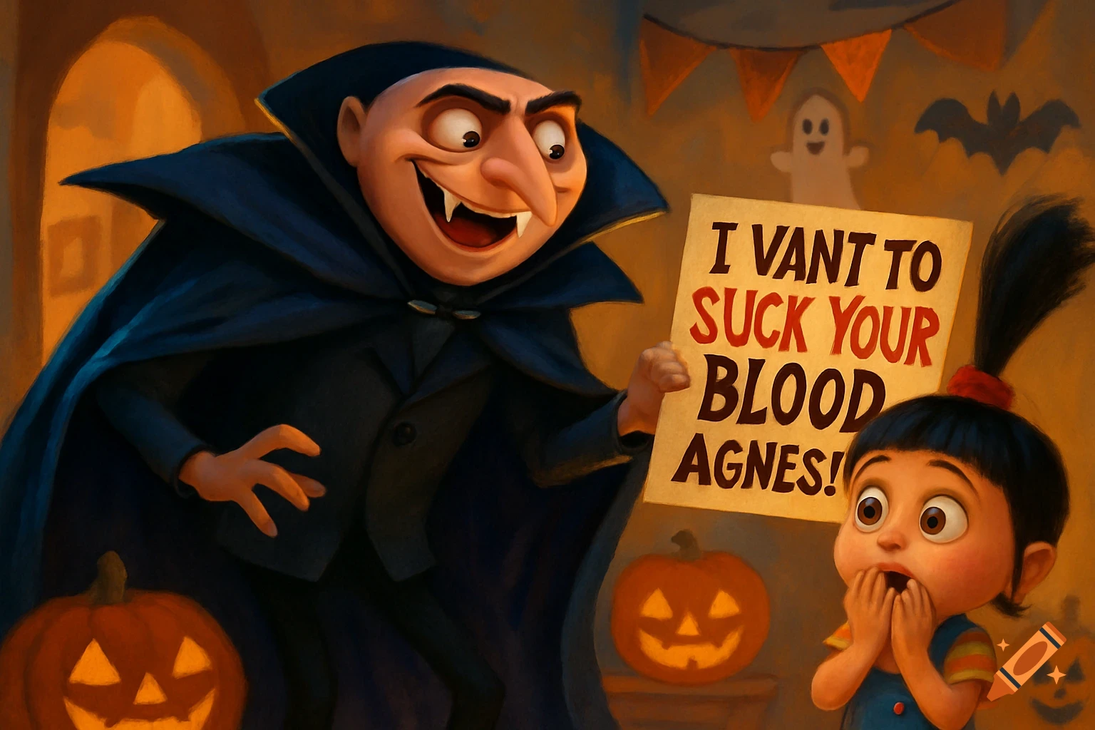 Gru dressed as a vampire holds a sign that reads 'I VANT TO SUCK YOUR ...