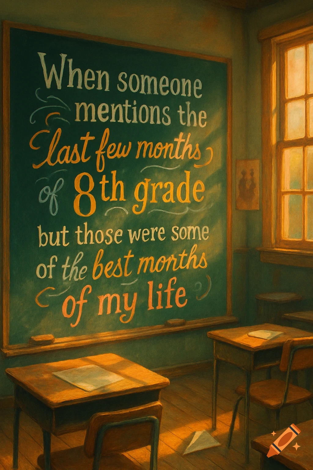 An illustration of a classroom with young students sitting at desks, facing a chalkboard ...