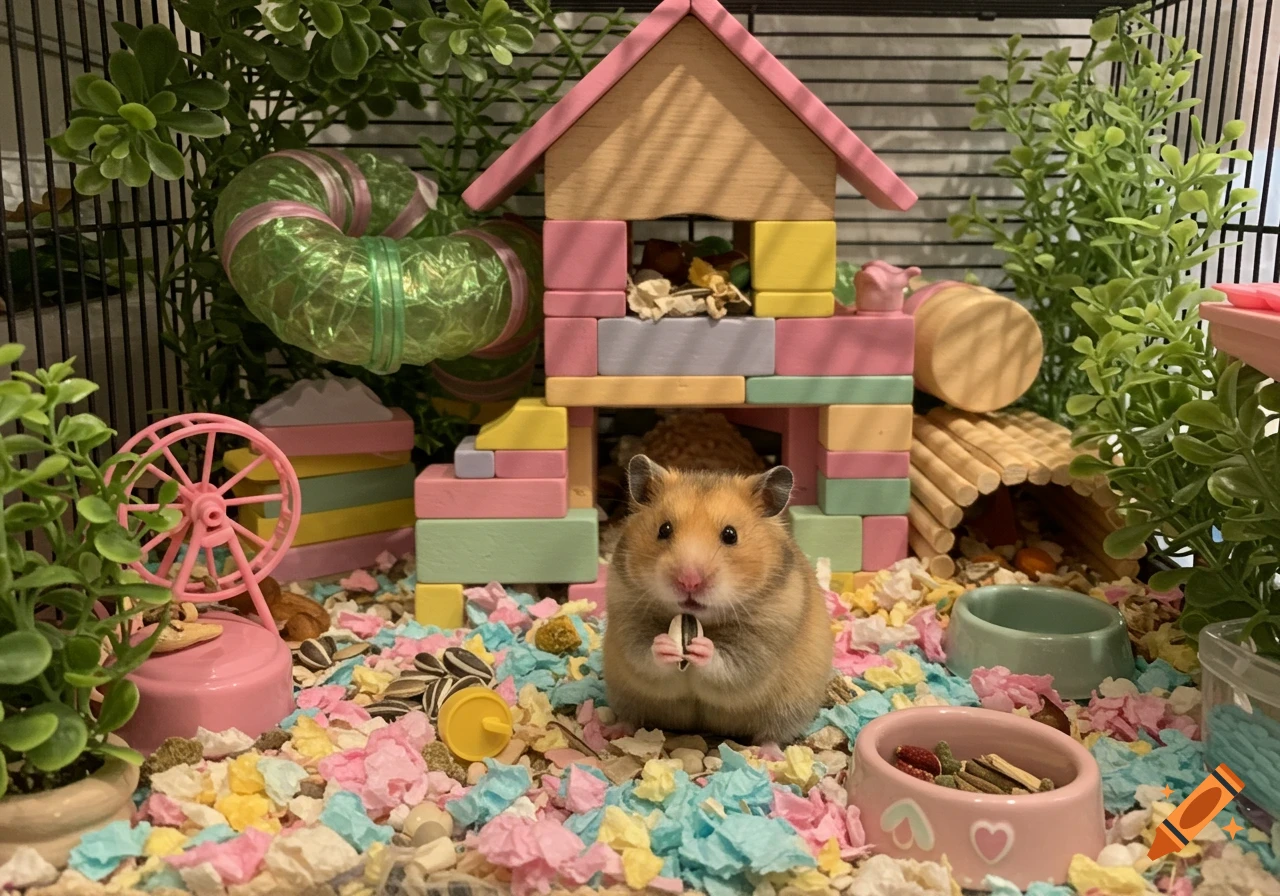 A cute hamster sits upright, holding a seed, in its colorful cage ...
