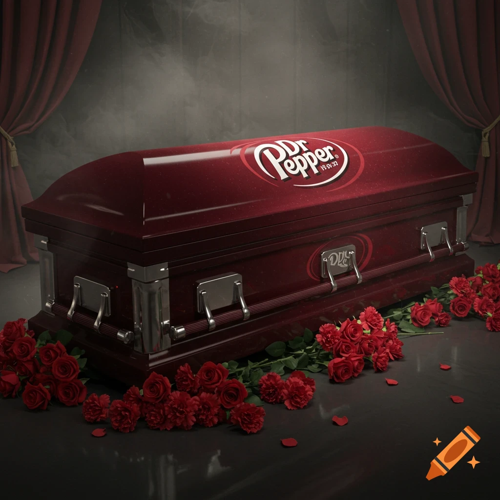 A highly polished red casket featuring the Dr Pepper logo, surrounded ...