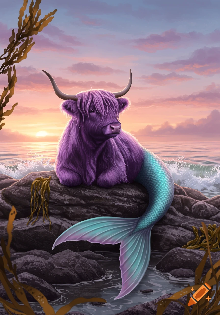 A purple mermaid-cow with a fluffy mane sits on rocks by the ocean at ...