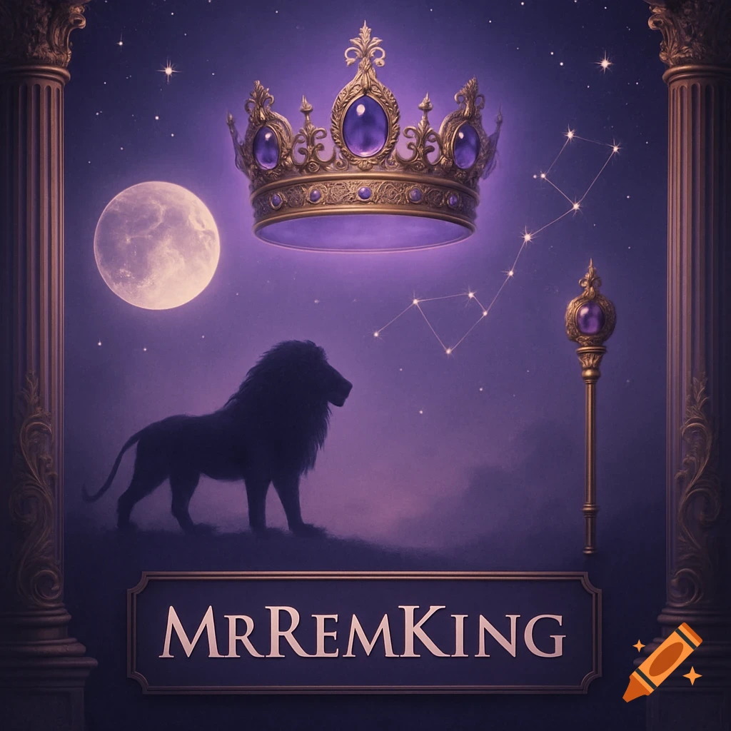 Purple royal fantasy scene with a silhouetted lion, golden crown, moon ...