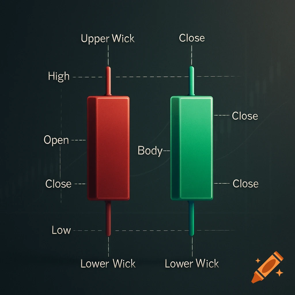 3D diagram illustrating the parts of a red and green financial candlestick chart, labeled with ...