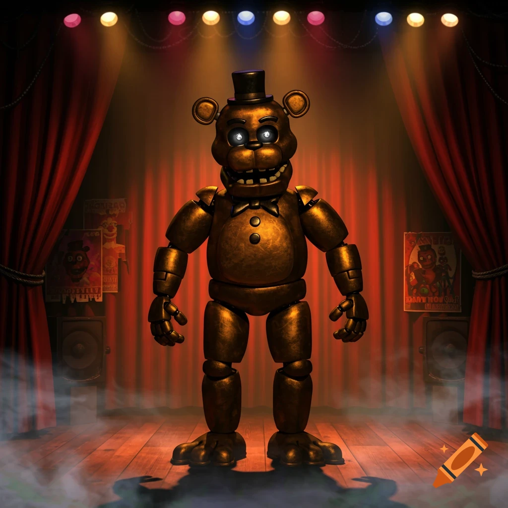 A photorealistic image of Freddy Fazbear, a brown animatronic bear ...