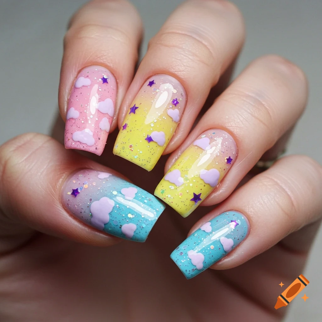 Close-up of fingernails painted with pastel pink, yellow, and blue ...