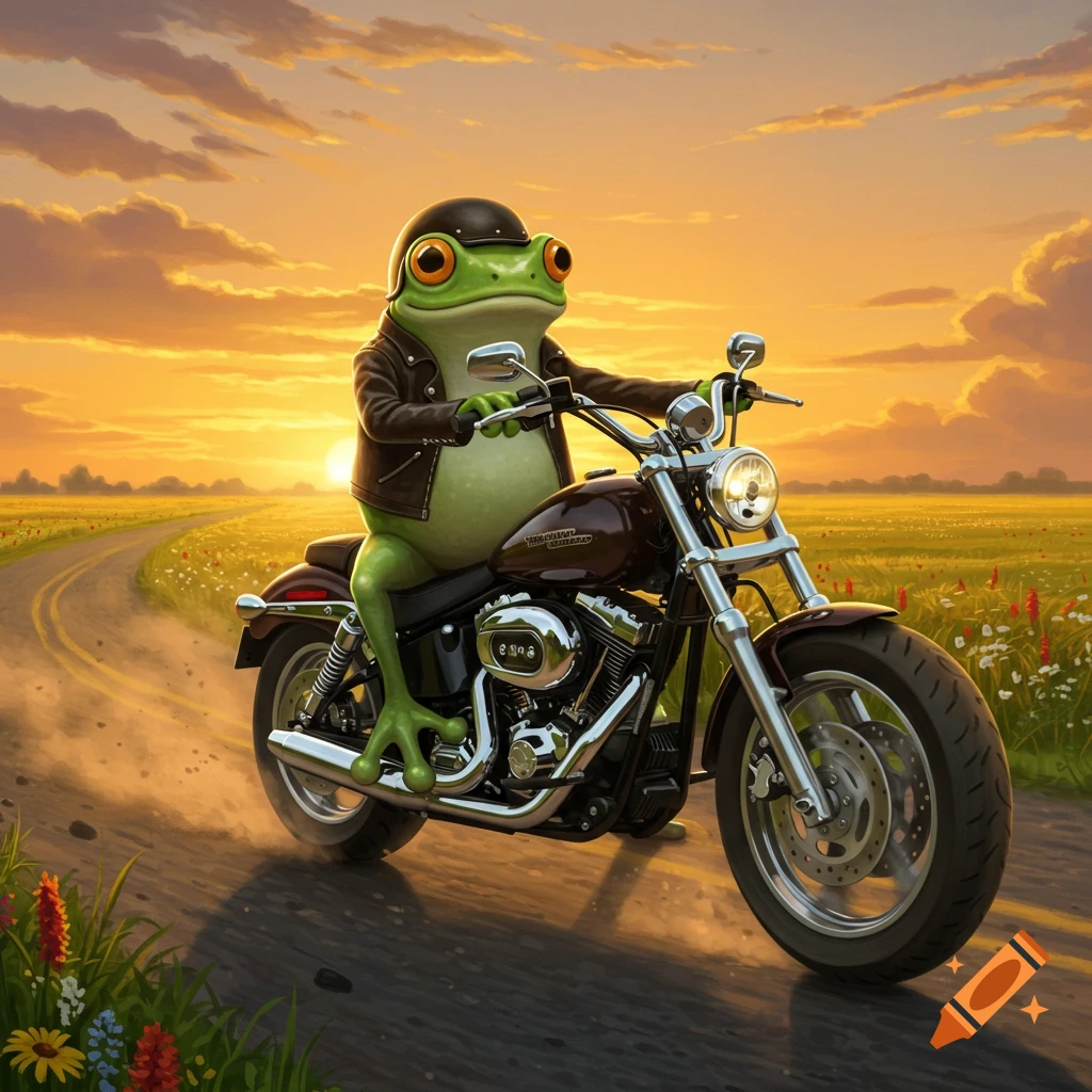 A cartoon frog wearing a black leather jacket with teeth design rides a ...