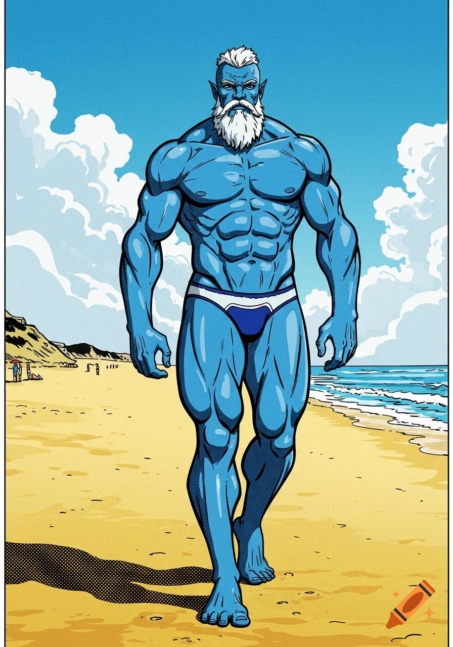 Comic book style drawing of a muscular blue man with a white mohawk and ...
