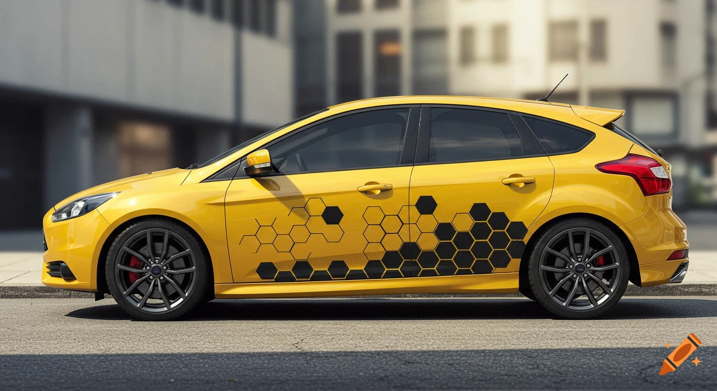 A photorealistic side view of a yellow Ford Focus ST hatchback with a ...