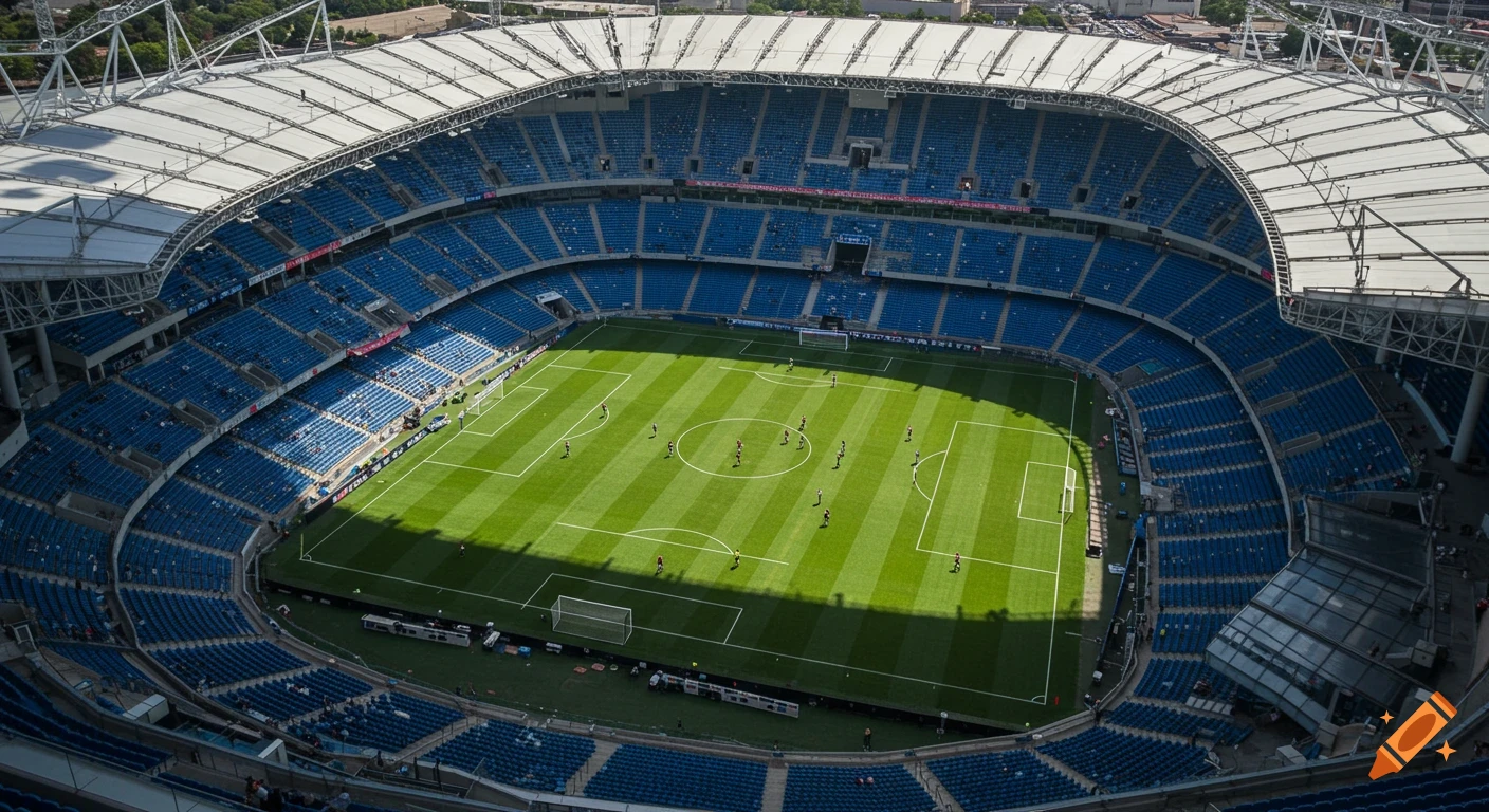 An aerial view of a packed soccer stadium during a game at sunset. on ...