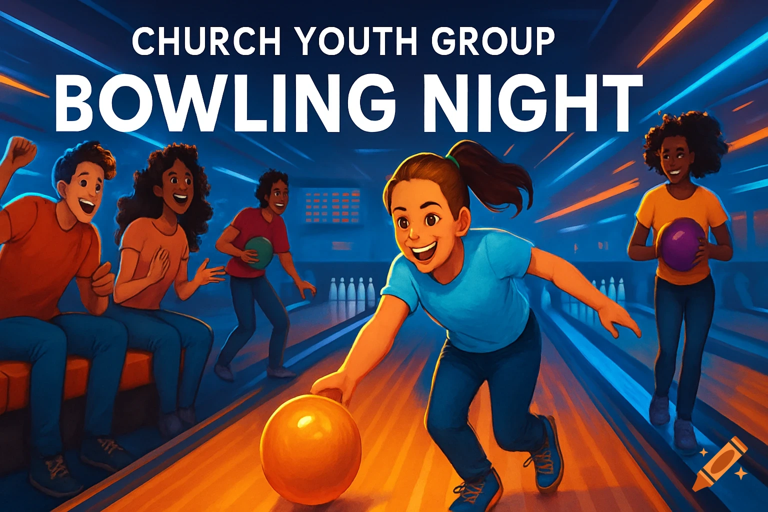 Cartoon illustration of diverse young people bowling at night. Text ...