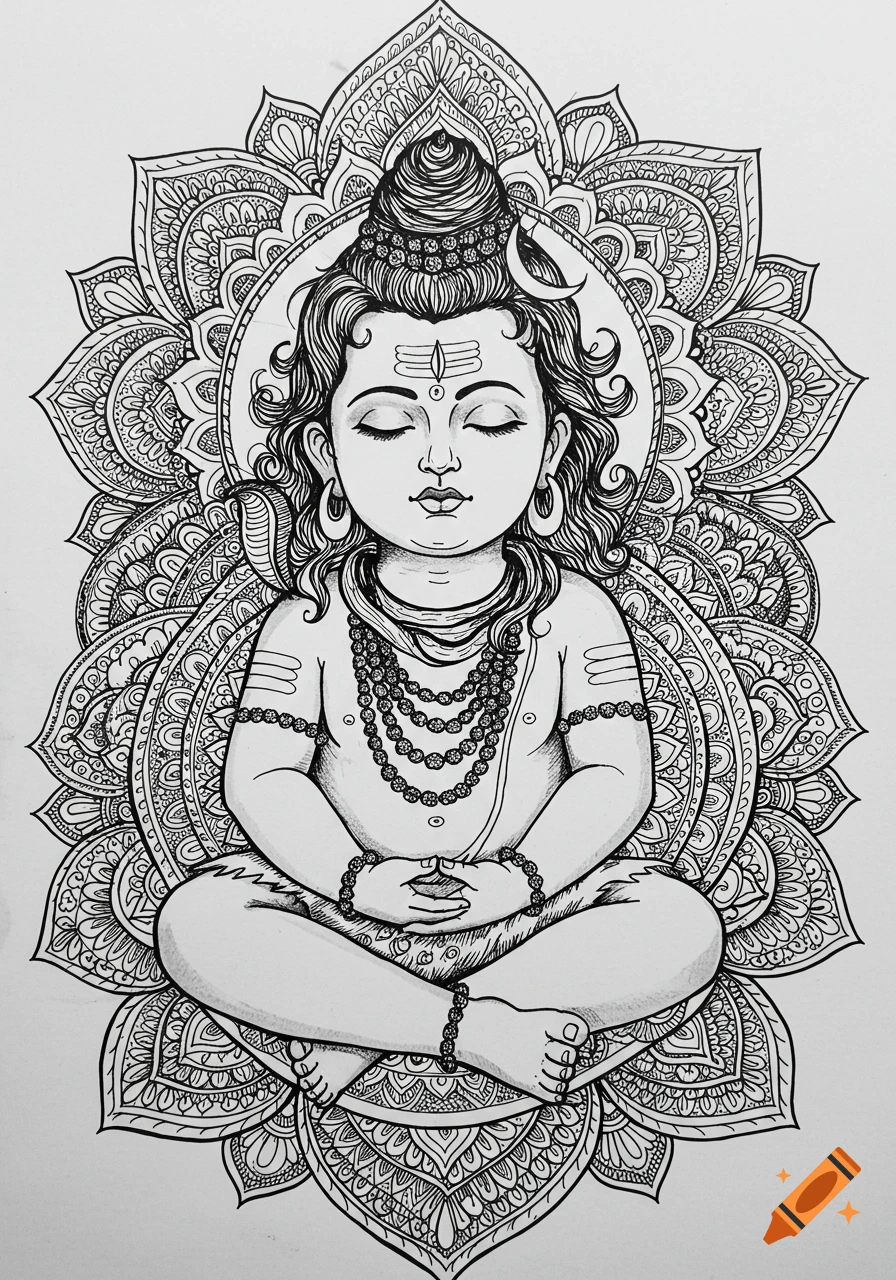 Black and white line art illustration of baby Shiva meditating in lotus ...