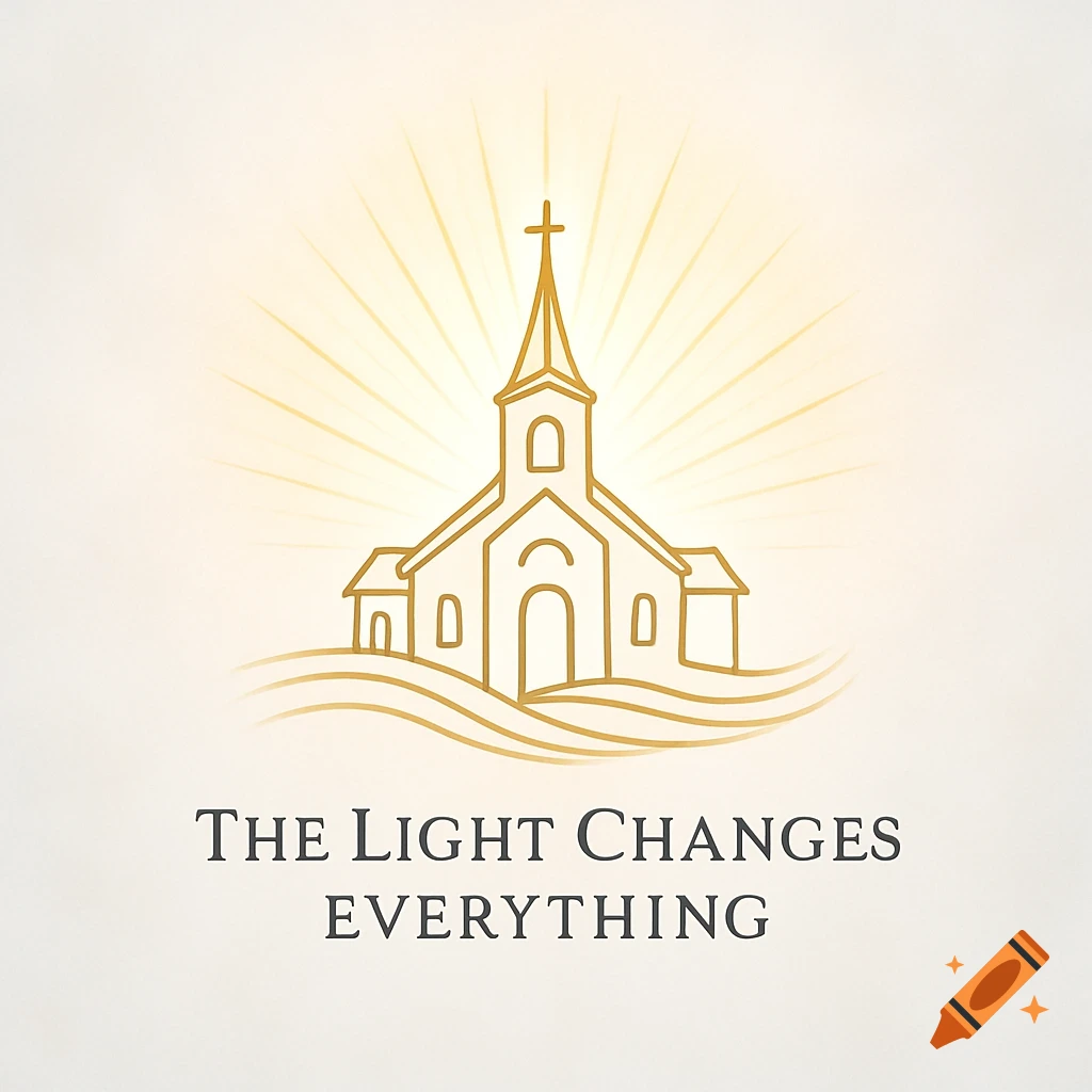 A gold line art logo of a church with a cross and radiating light above ...