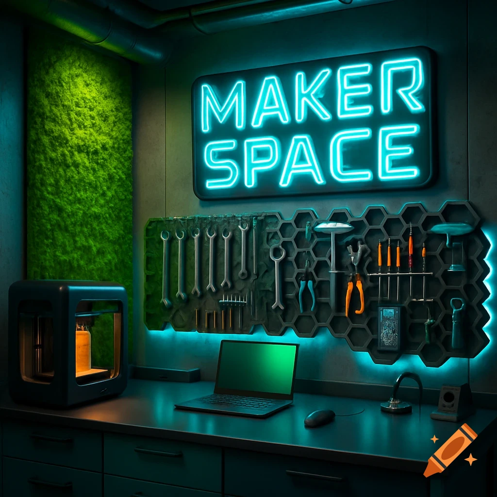 A photorealistic image of a futuristic maker space with a glowing neon ...