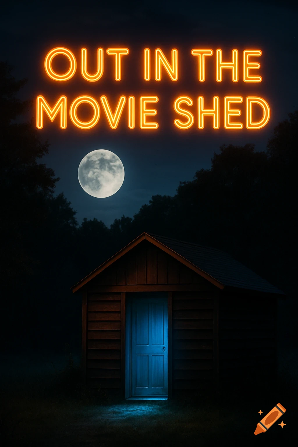 Orange neon text 'Out in the Movie Shed' above a small shed with a ...