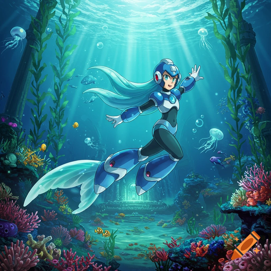 Splash Woman, a blue robot with long hair and a mermaid tail, swims in ...