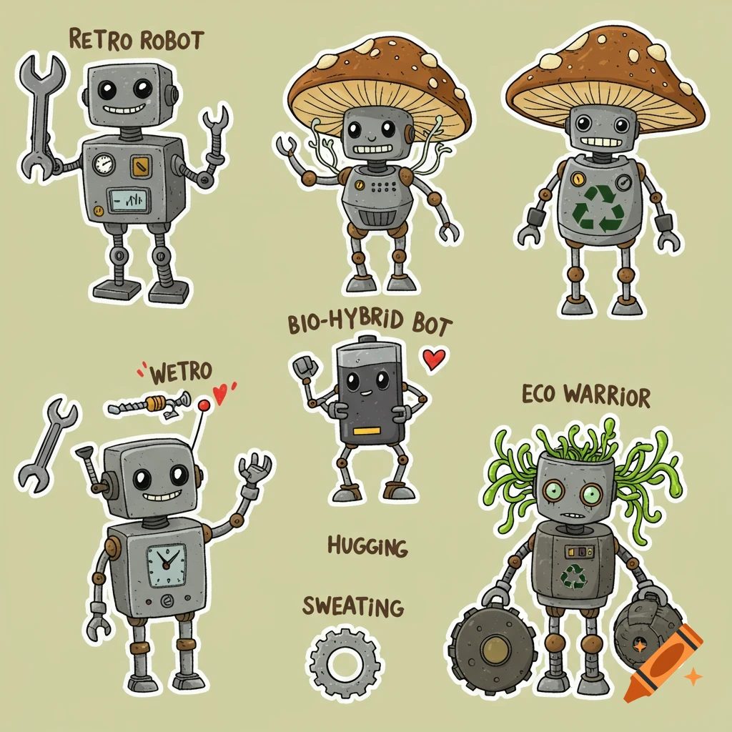 A collection of six cute, whimsical robot sticker designs on a light ...