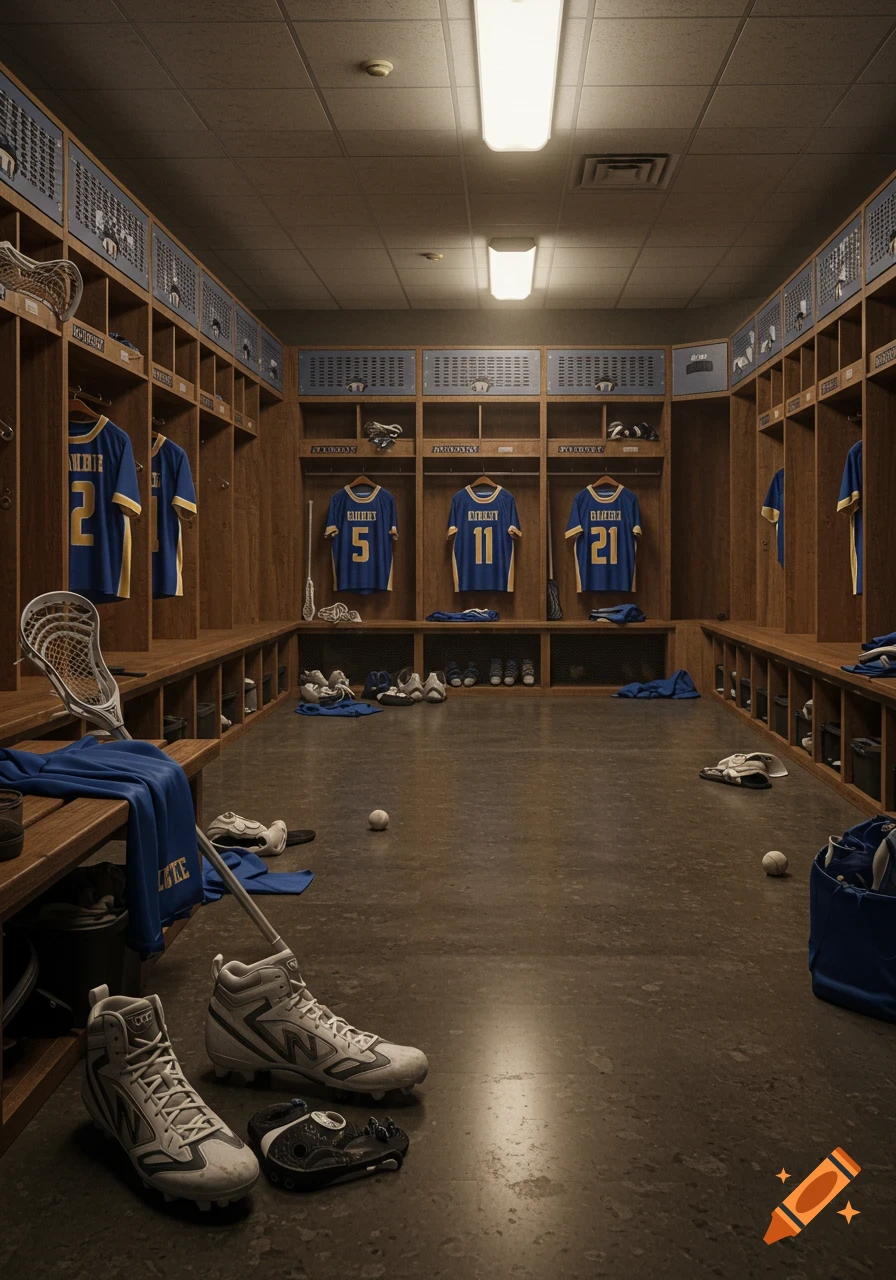 A photorealistic depiction of an empty lacrosse locker room with wooden ...