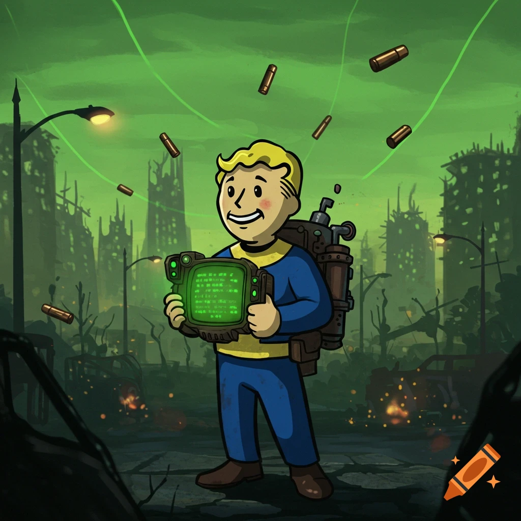 Cartoon of Vault Boy from Fallout in a ruined city, holding a green ...