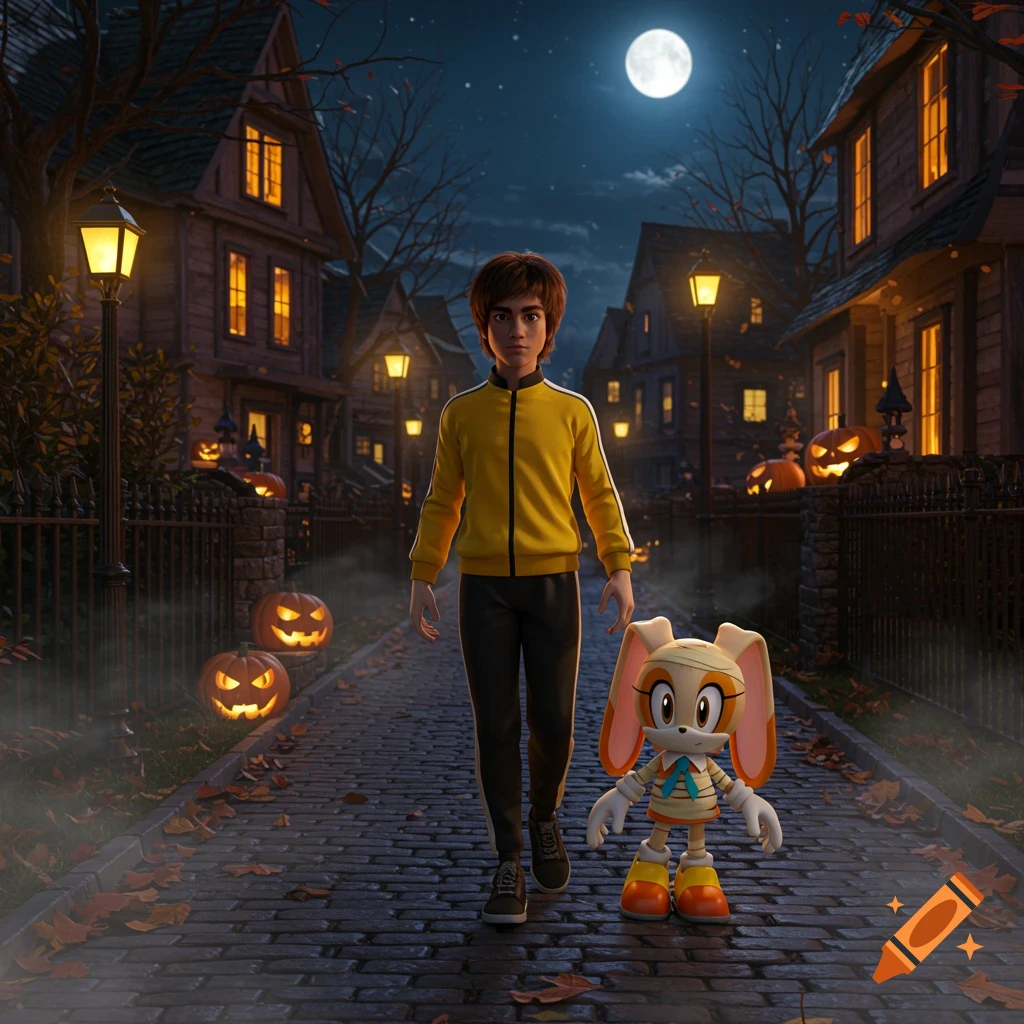 A teenage boy in a yellow tracksuit and Cream the Rabbit in a mummy ...