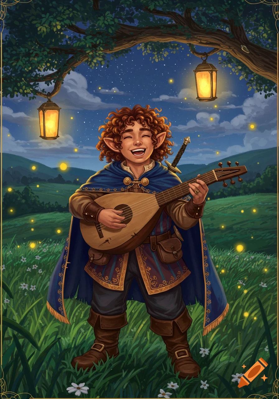 A cheerful halfling bard with curly brown hair plays a lute in a whimsical, star-lit field with ...