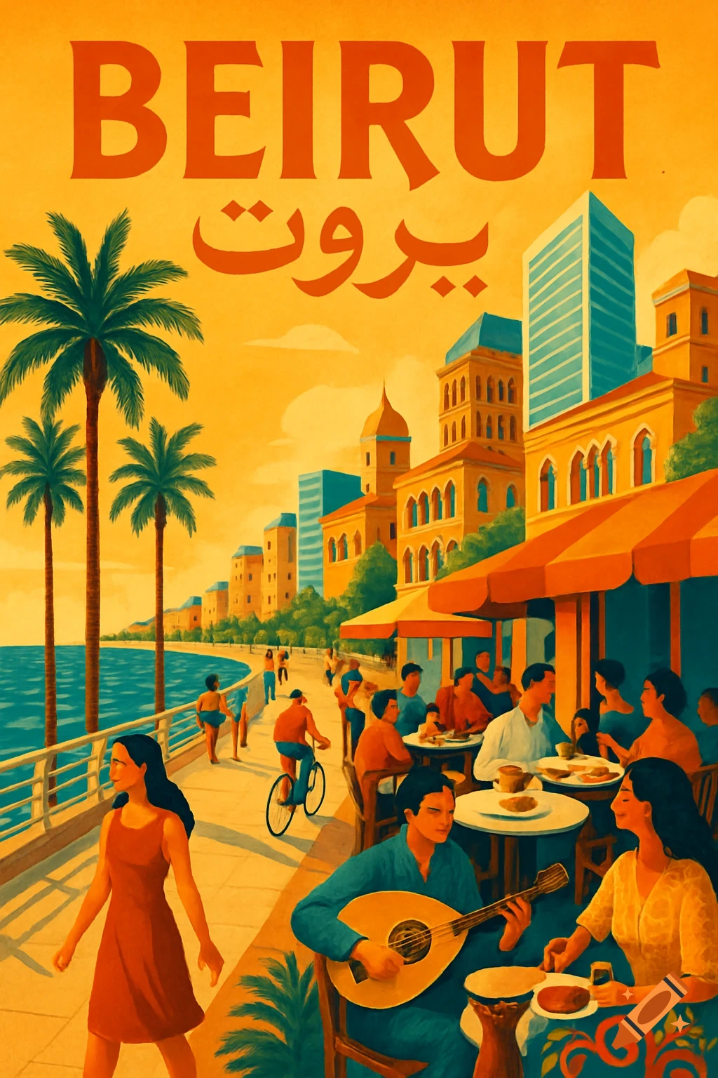 Vibrant travel poster of Beirut featuring the Corniche, palm trees ...