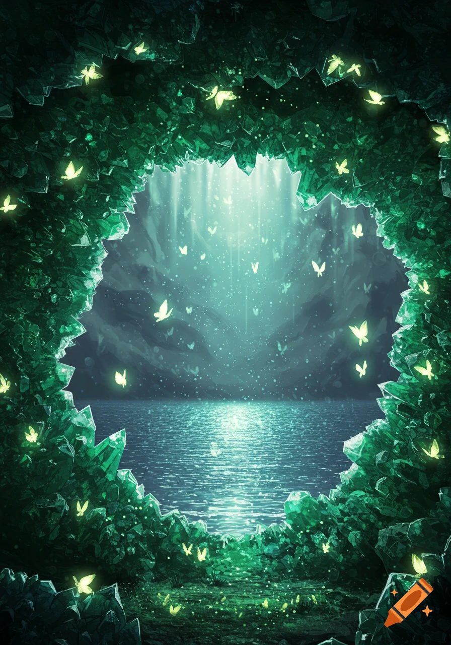 A magical emerald cave opening to a sparkling ocean, filled with ...