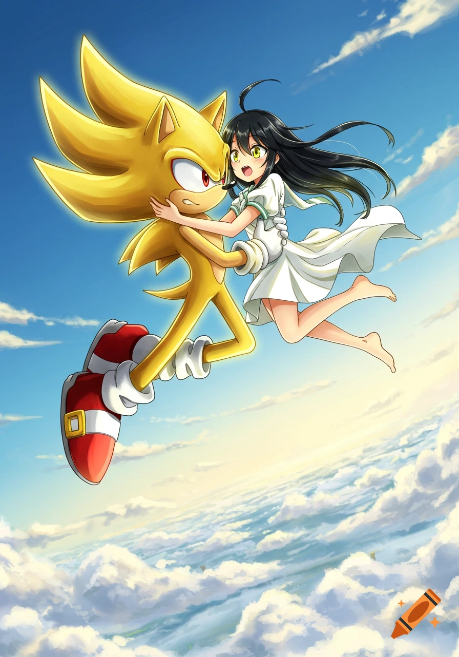 Minto Aizawa in a blue dress holds Sonic the Hedgehog, flying high ...