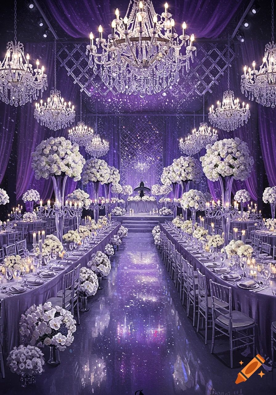 A lavish wedding reception hall decorated in purple and silver, with multiple crystal ...