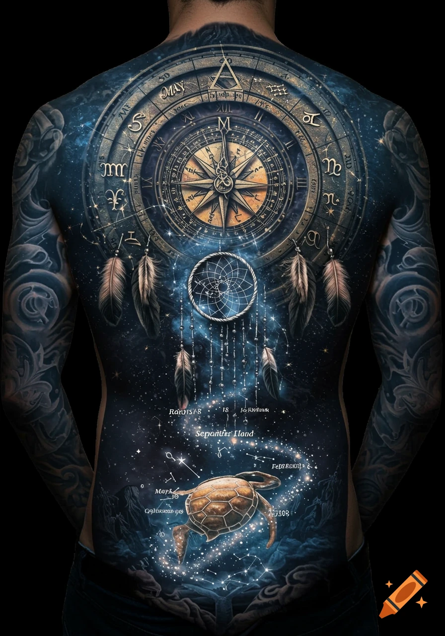 A large, colorful mandala and galaxy tattoo covers a person's upper ...