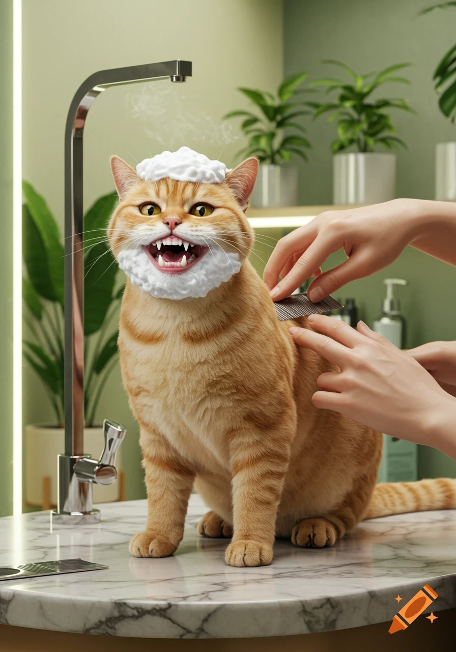 A photorealistic ginger cat with human teeth and shaving foam on its ...