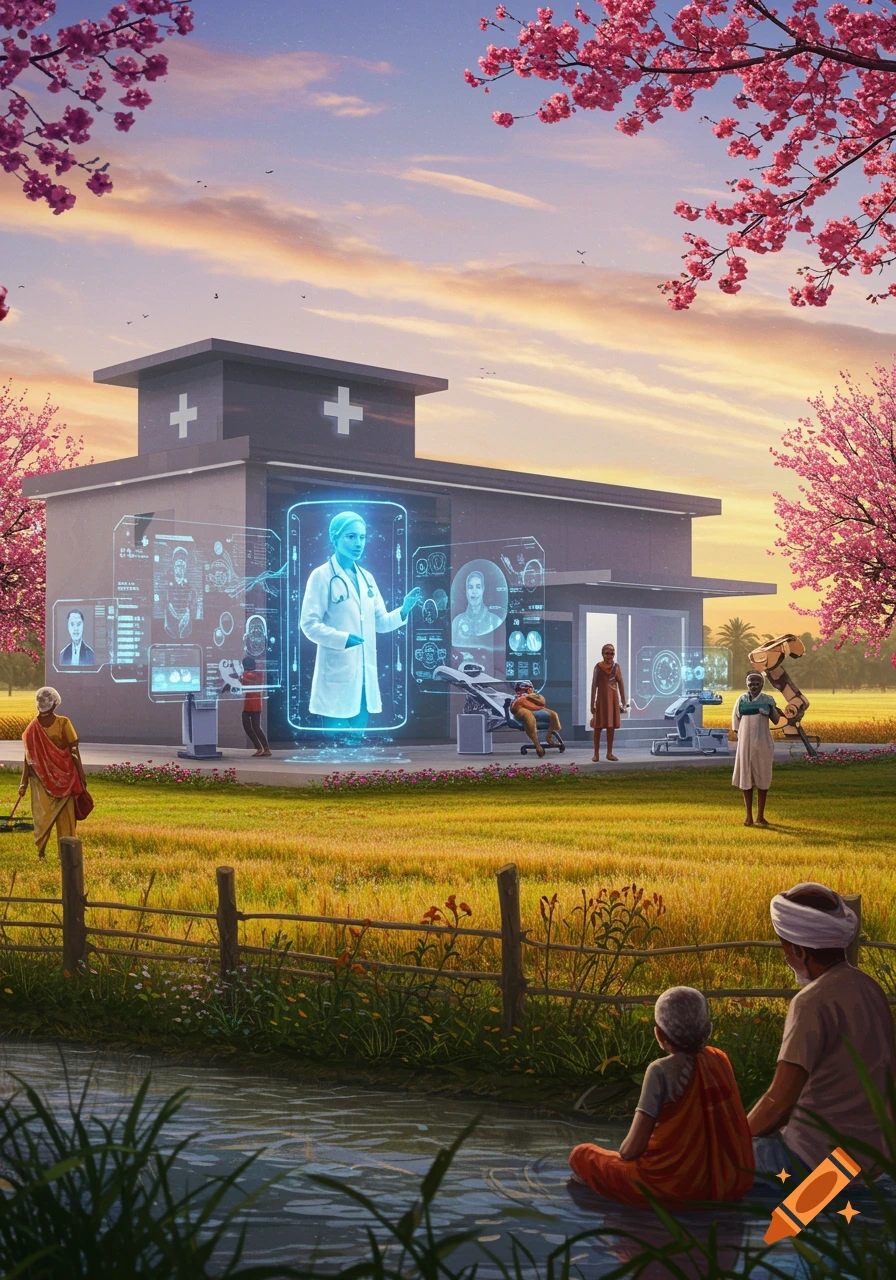 A futuristic rural Indian clinic with a holographic AI doctor ...