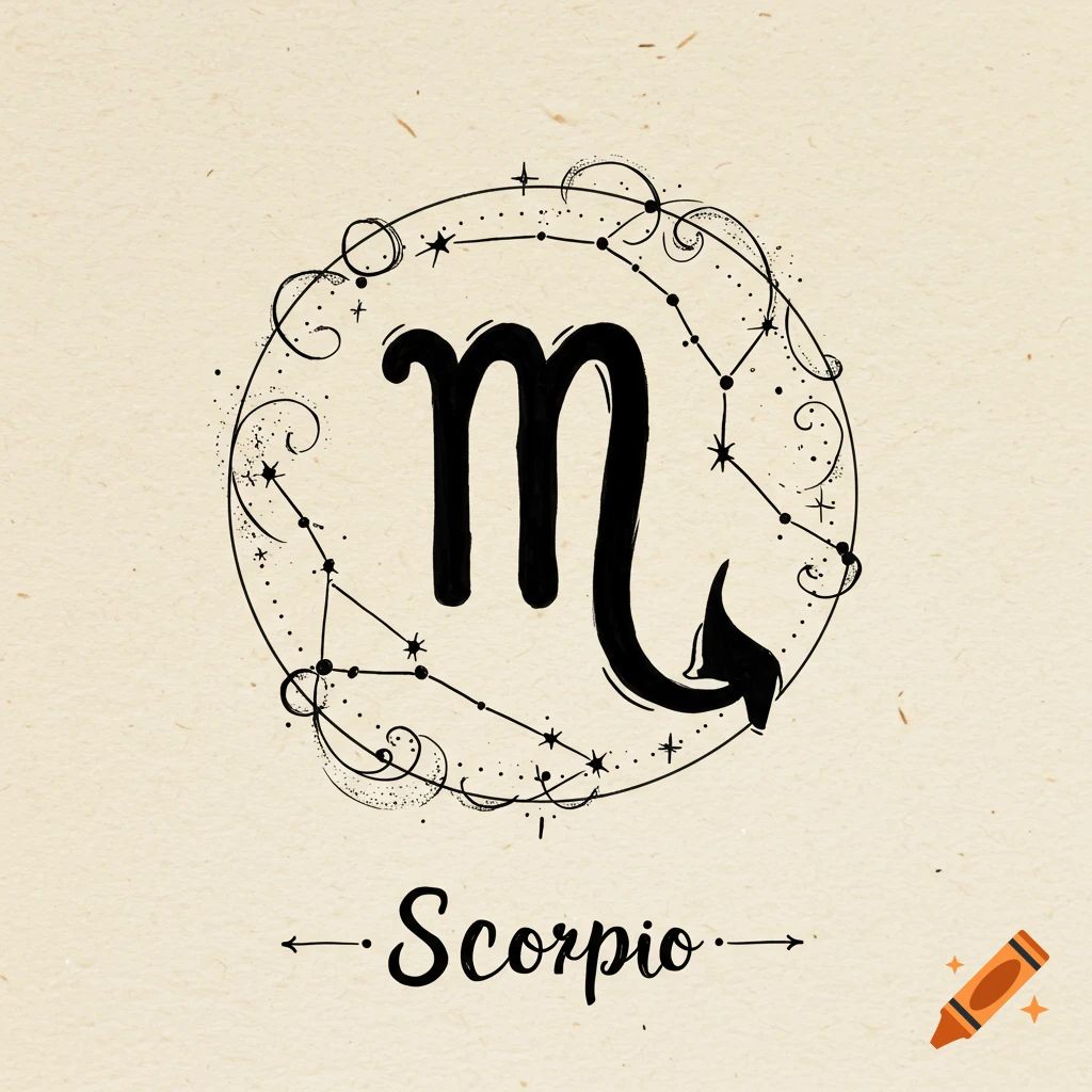 A black and white sketch of the Scorpio astrological symbol inside a ...