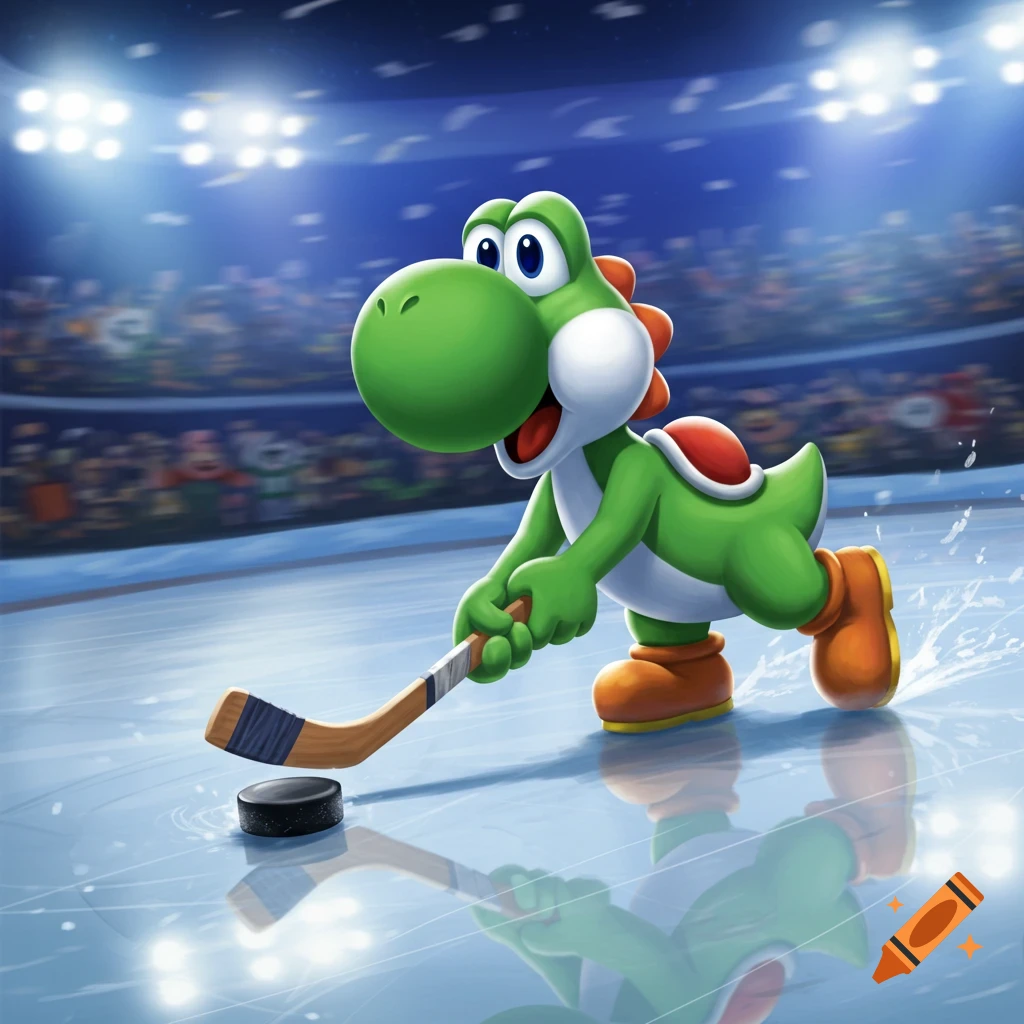 Yoshi from Super Mario leans forward playing hockey on an ice rink ...