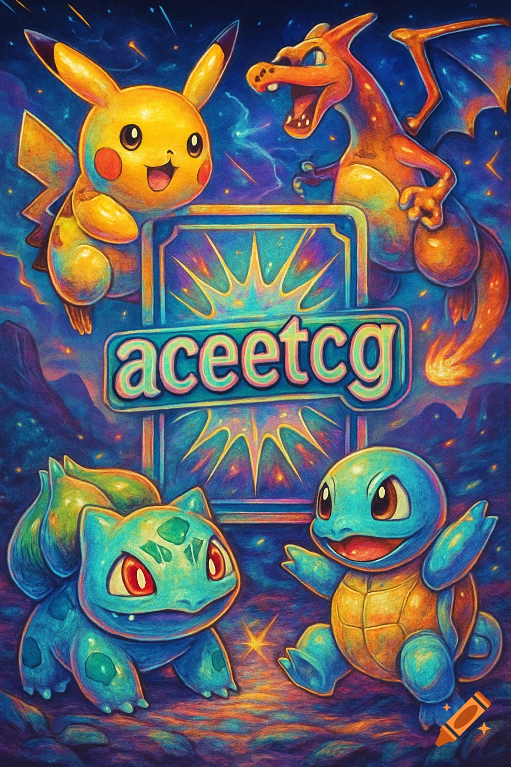 Pikachu, Charizard, Bulbasaur, and Squirtle surround a glowing sign ...
