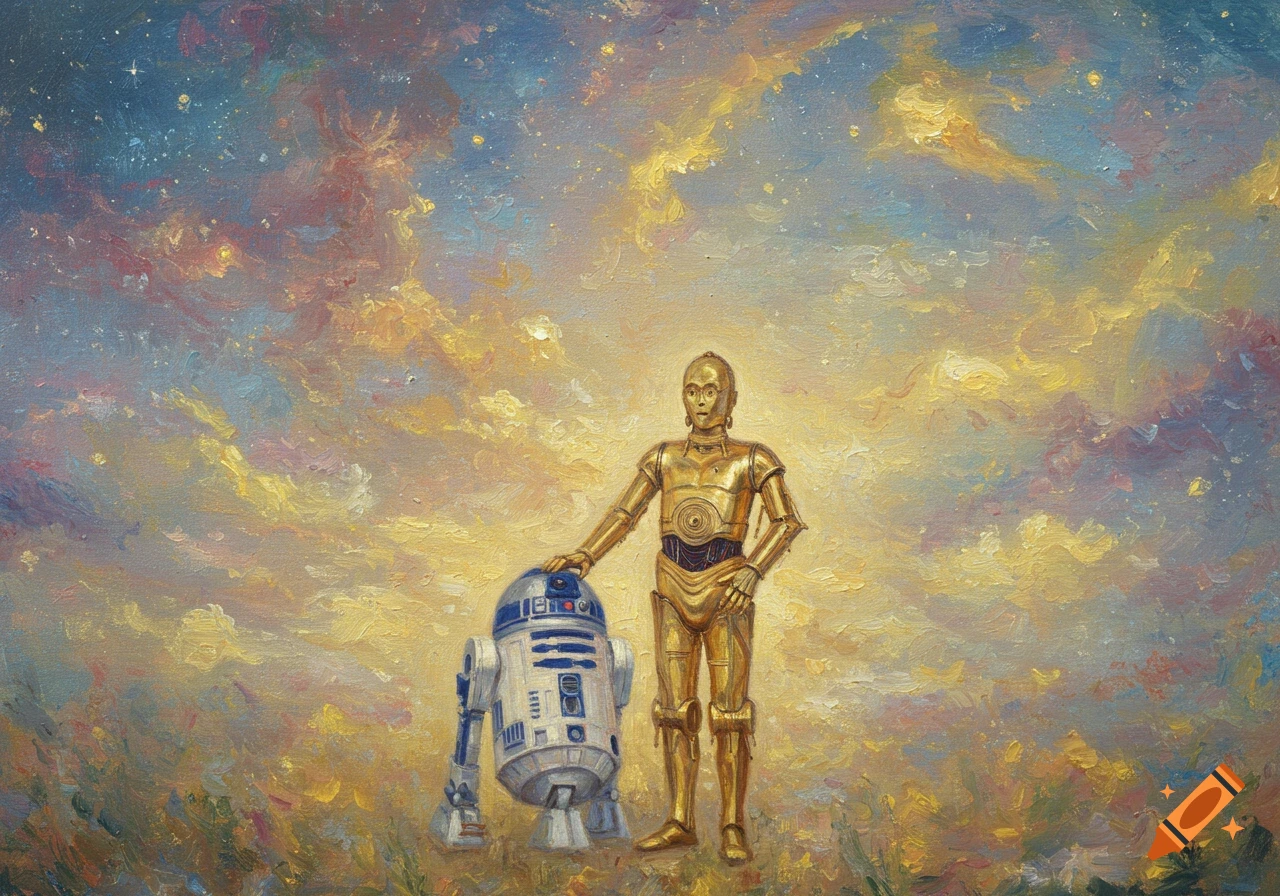 An oil painting of C-3PO and R2-D2 standing in a field under a vibrant ...