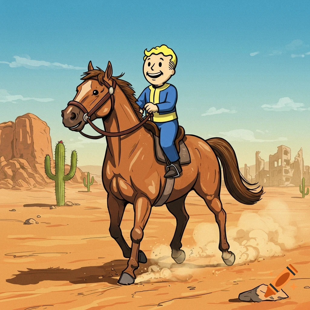 Cartoon Vault Boy with glowing hands running from shadowy raiders in a ...
