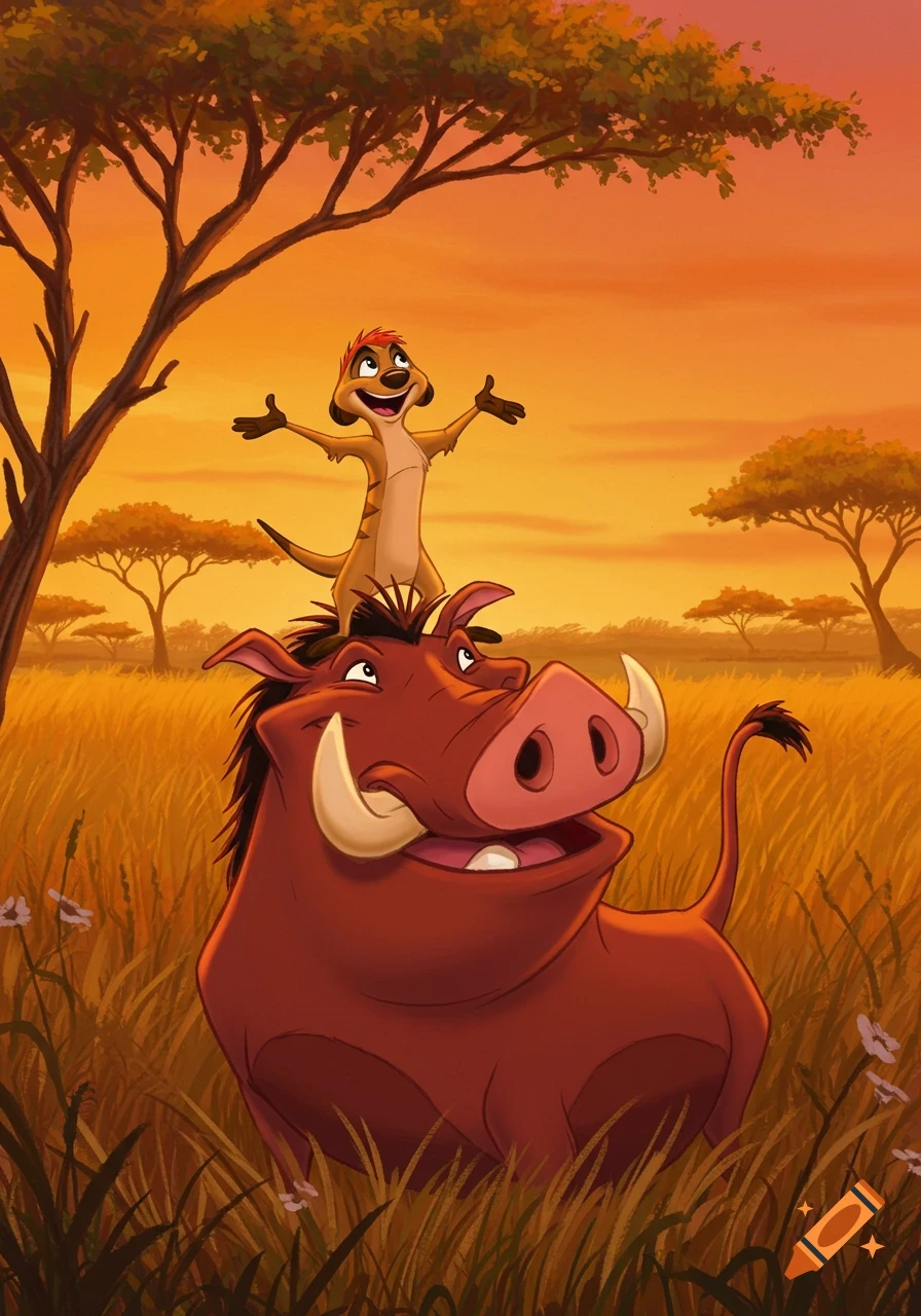Timon the meerkat stands on Pumbaa the warthog's head in a cartoon ...