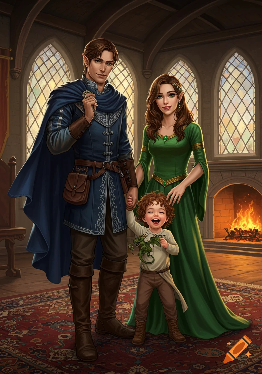 A fantasy portrait of an elven family in a castle room. A male elf in ...