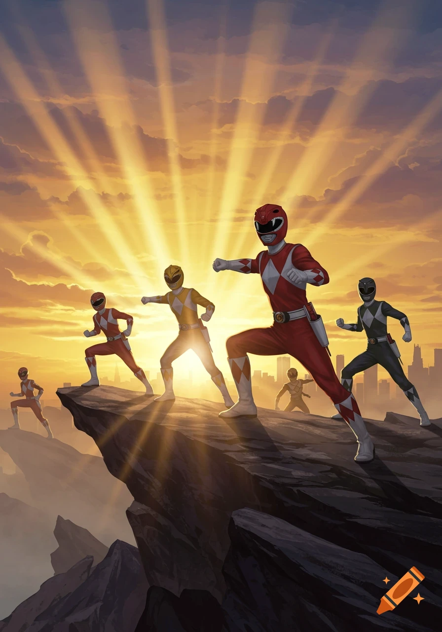 Five Power Rangers in red, yellow, and black suits pose dramatically on ...