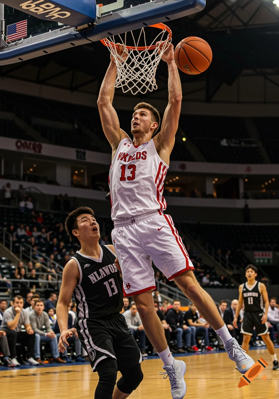 A basketball player in white dunks the ball over an opposing player in ...