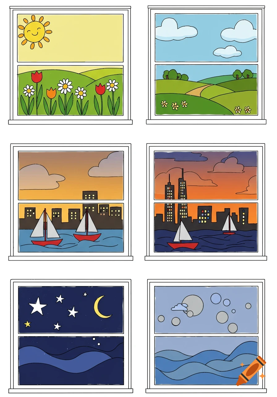 Six simple, colorful illustrations viewed through window panes ...