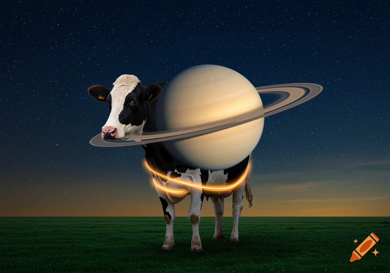 A black and white cow stands in a warehouse store aisle, holding a pink ...