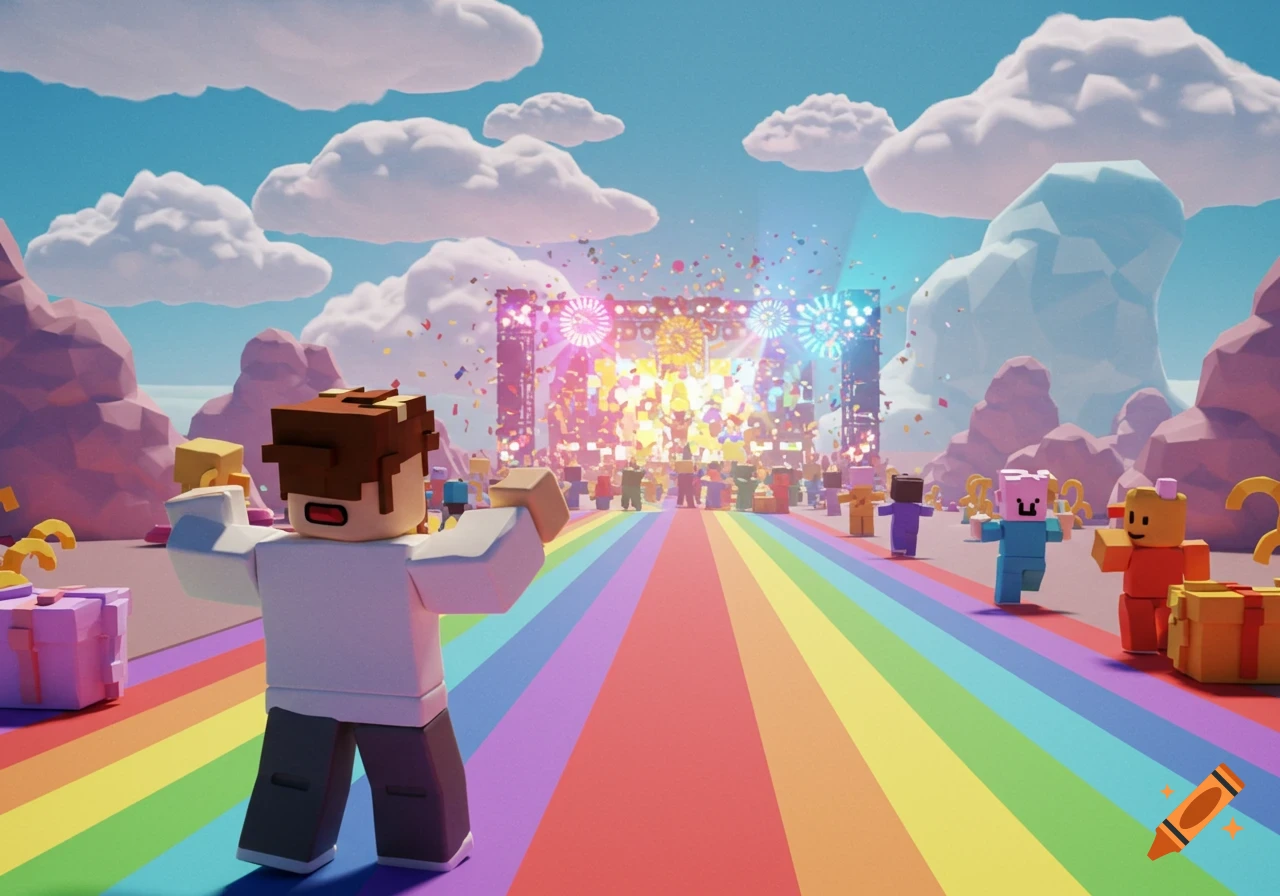 A blocky Roblox-style character on a rainbow road looking at a distant ...