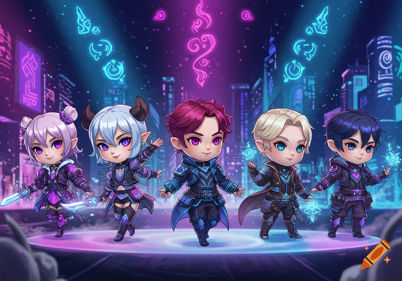 Five anime men in a futuristic city with glowing holographic interfaces ...