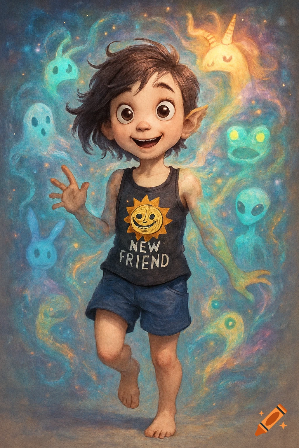 A happy, cartoonish child with large eyes, pointy ears, dark hair ...