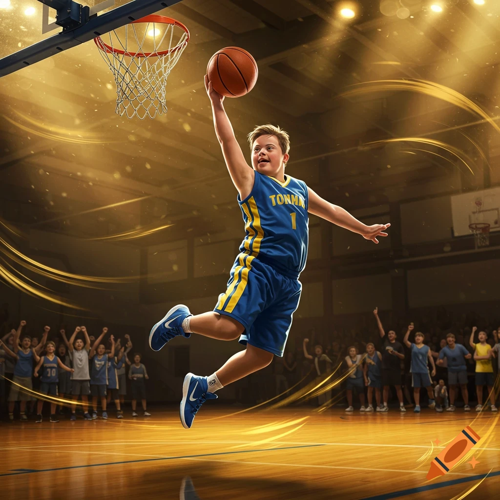 A boy with Down syndrome dunks a basketball on a brightly lit court ...